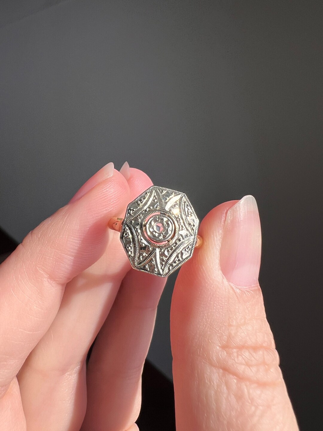 OCTAGON Shield French Antique Rose Cut Diamond 18k GOLD Ring Geometric ...