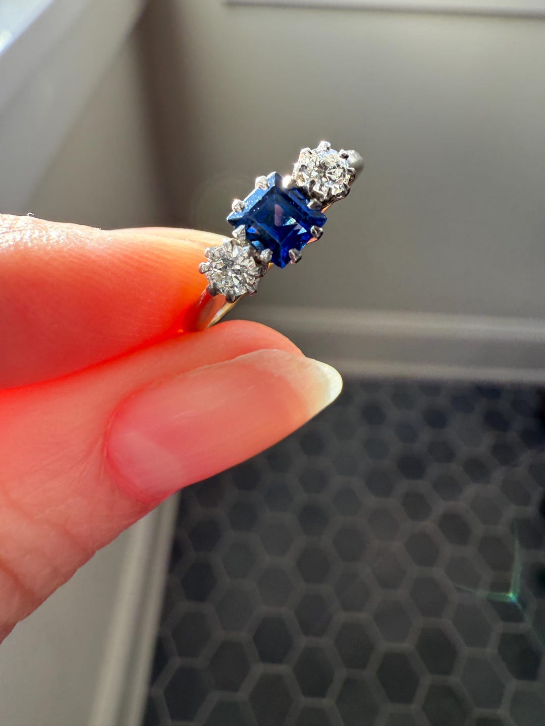 Antique Square SAPPHIRE Old European Cut DIAMOND Three Stone Ring ...