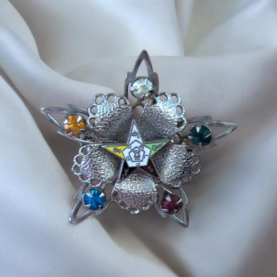 Eastern Star Brooch - Mason Symbols 50's Silver Tone Enamel Pin With ...