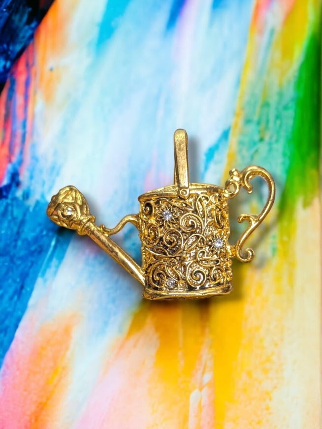 Vintage Flower Watering Can Brooch With Rhinestones - Beautiful Gold ...