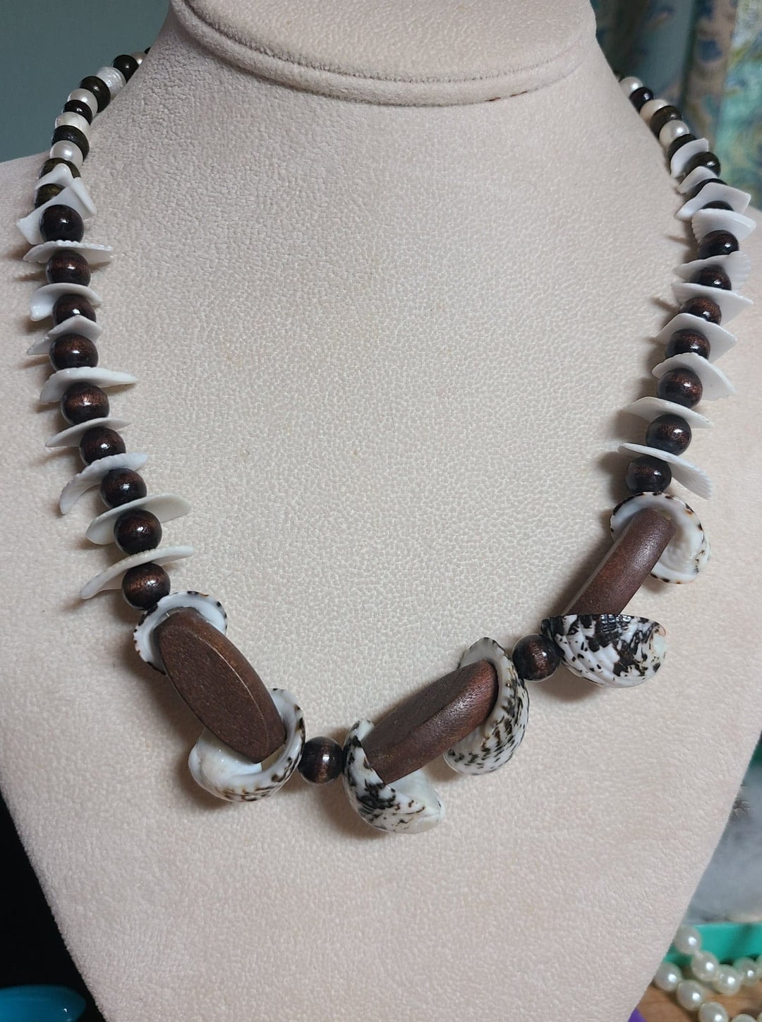 Boho Shell Necklace: Dark Wood & Pearl Details, Beach Jewelry - Etsy