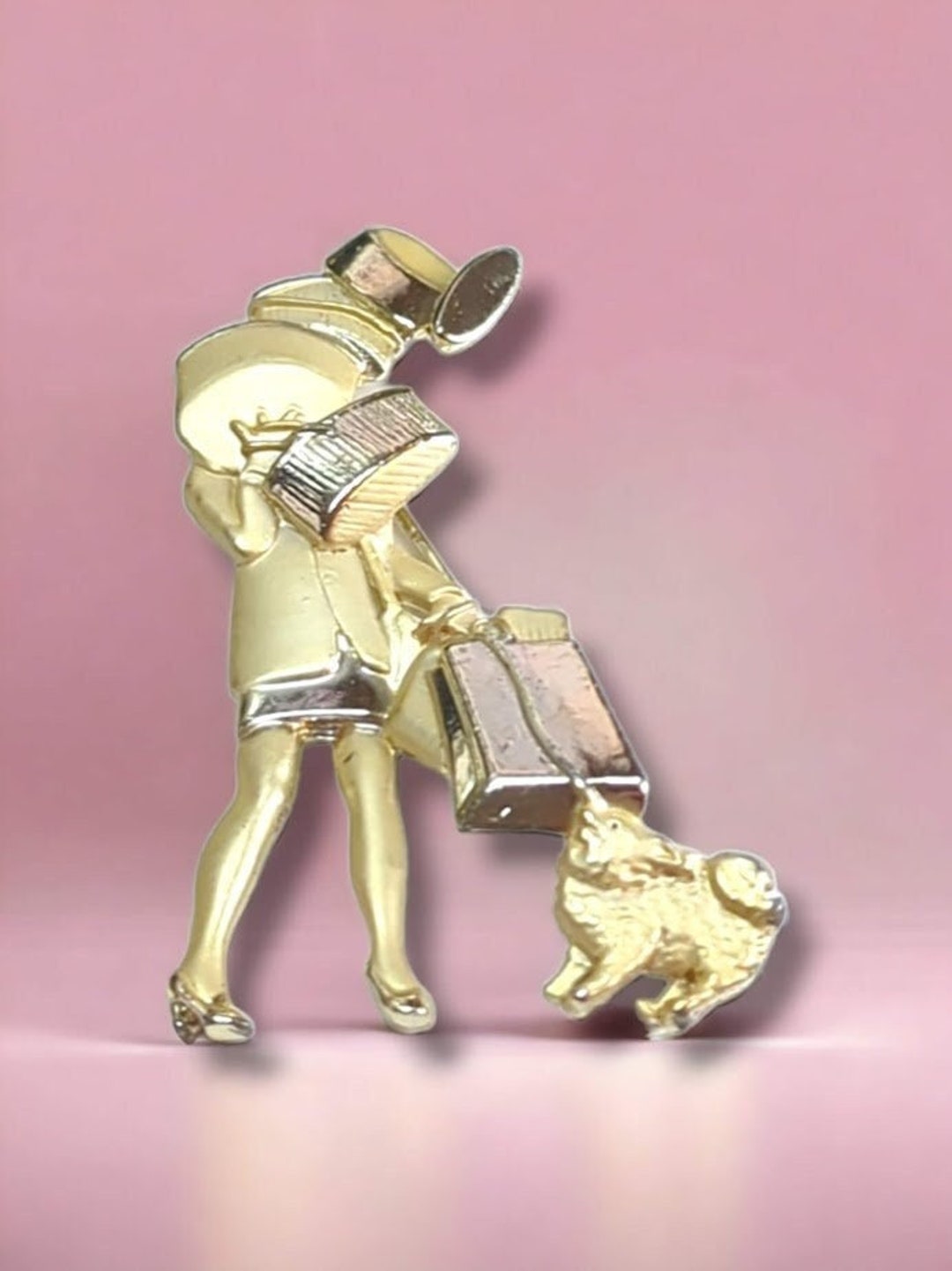 Vintage AJC Pin Brooch Lady With Dog and Packages Unique, Vintage AJC ...