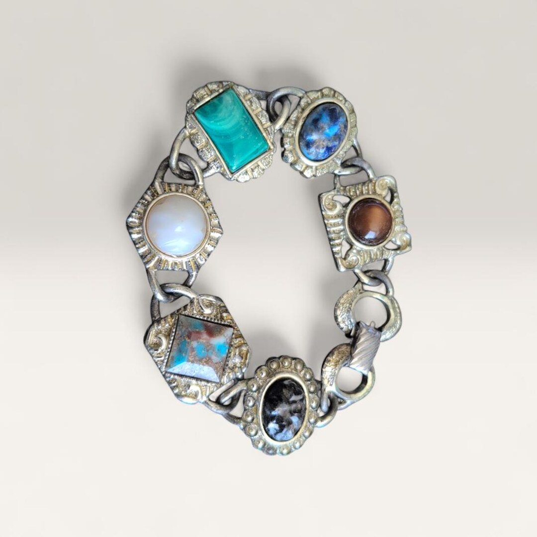 Vintage Sarah Coventry Cameo Link Bracelet, Multicolor Cabochons, 7 ...