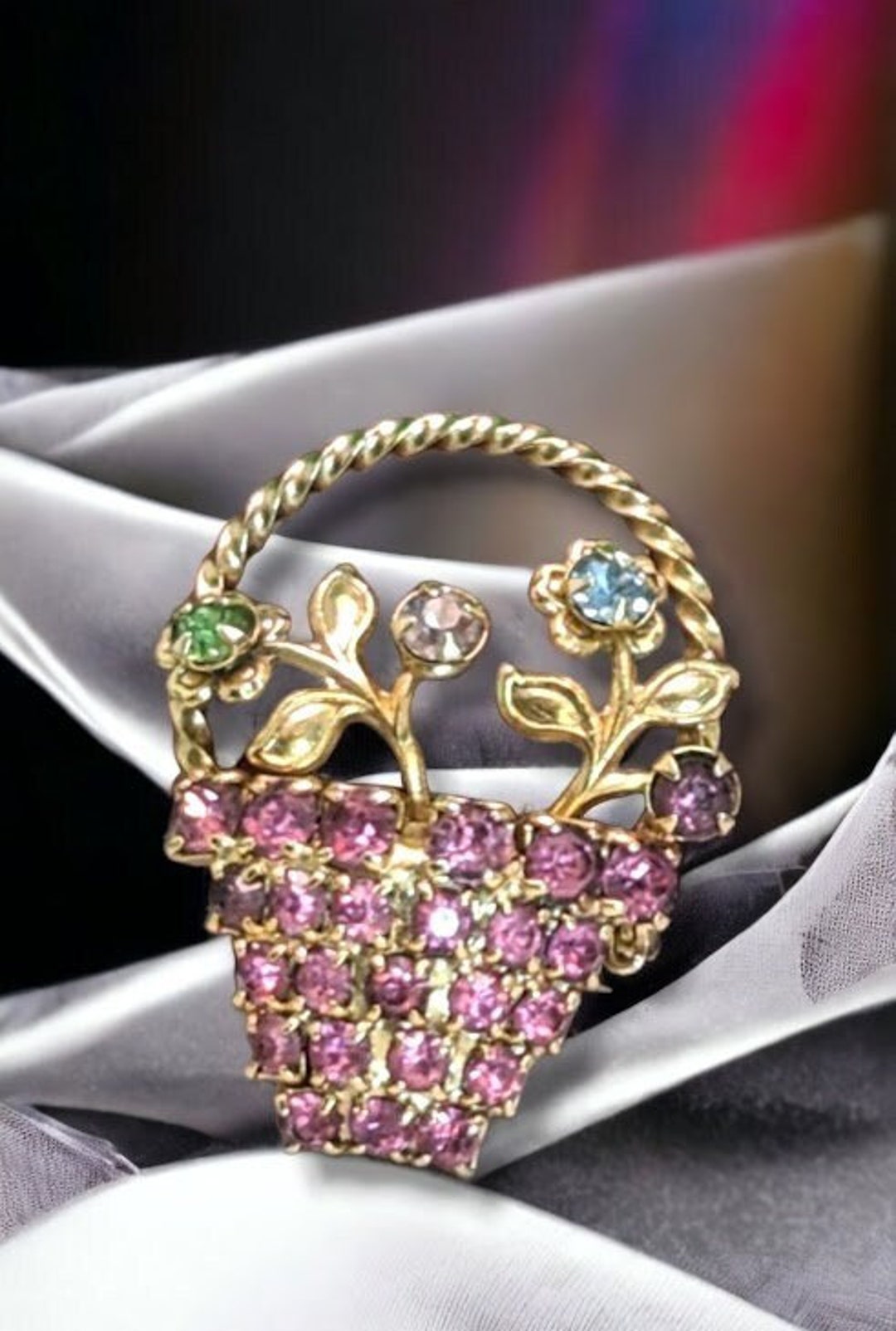 Sweet Vintage Rhinestone Flowers, Spring Easter Basket Brooch Pin, Gold ...