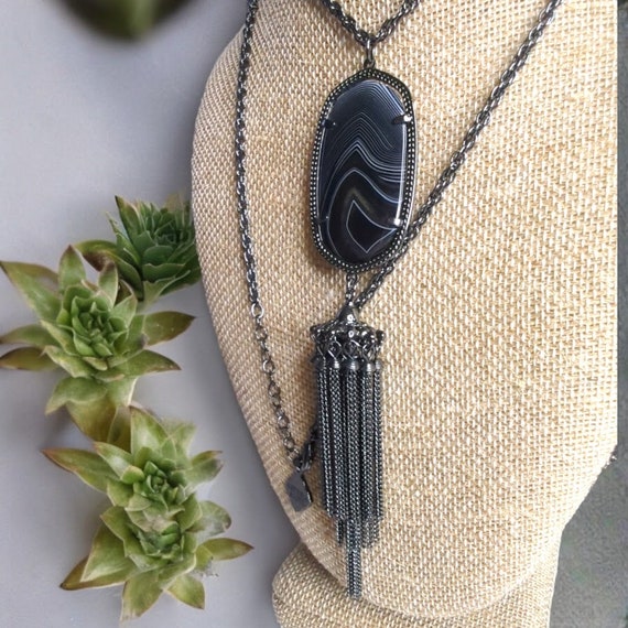 Rare Black Banded Agate Gunmetal Rayne Necklace Unique Gemstone Pendant Stylish Statement Jewelry Perfect Gift for Her Etsy