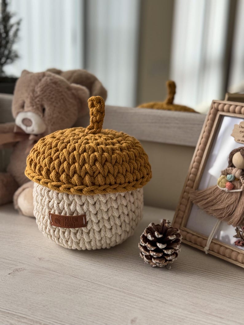 Handmade Crochet Acorn Basket With Lid Cotton Rope Organizer Perfecr ...