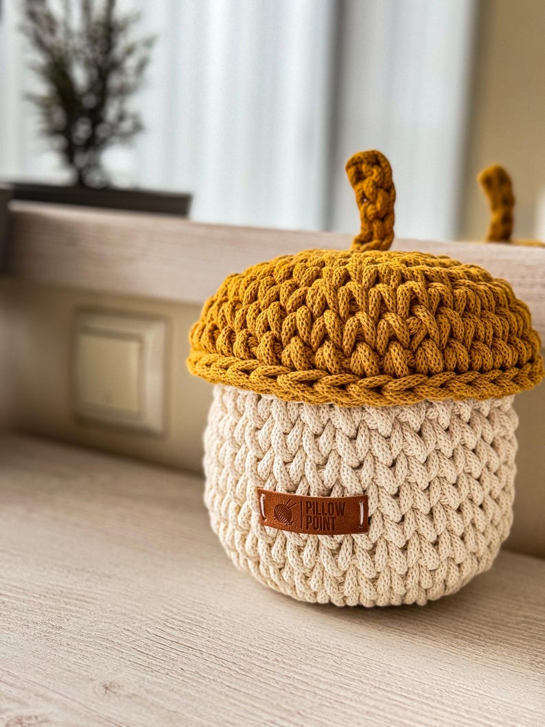 Handmade Crochet Acorn Basket With Lid Cotton Rope Organizer Perfecr ...
