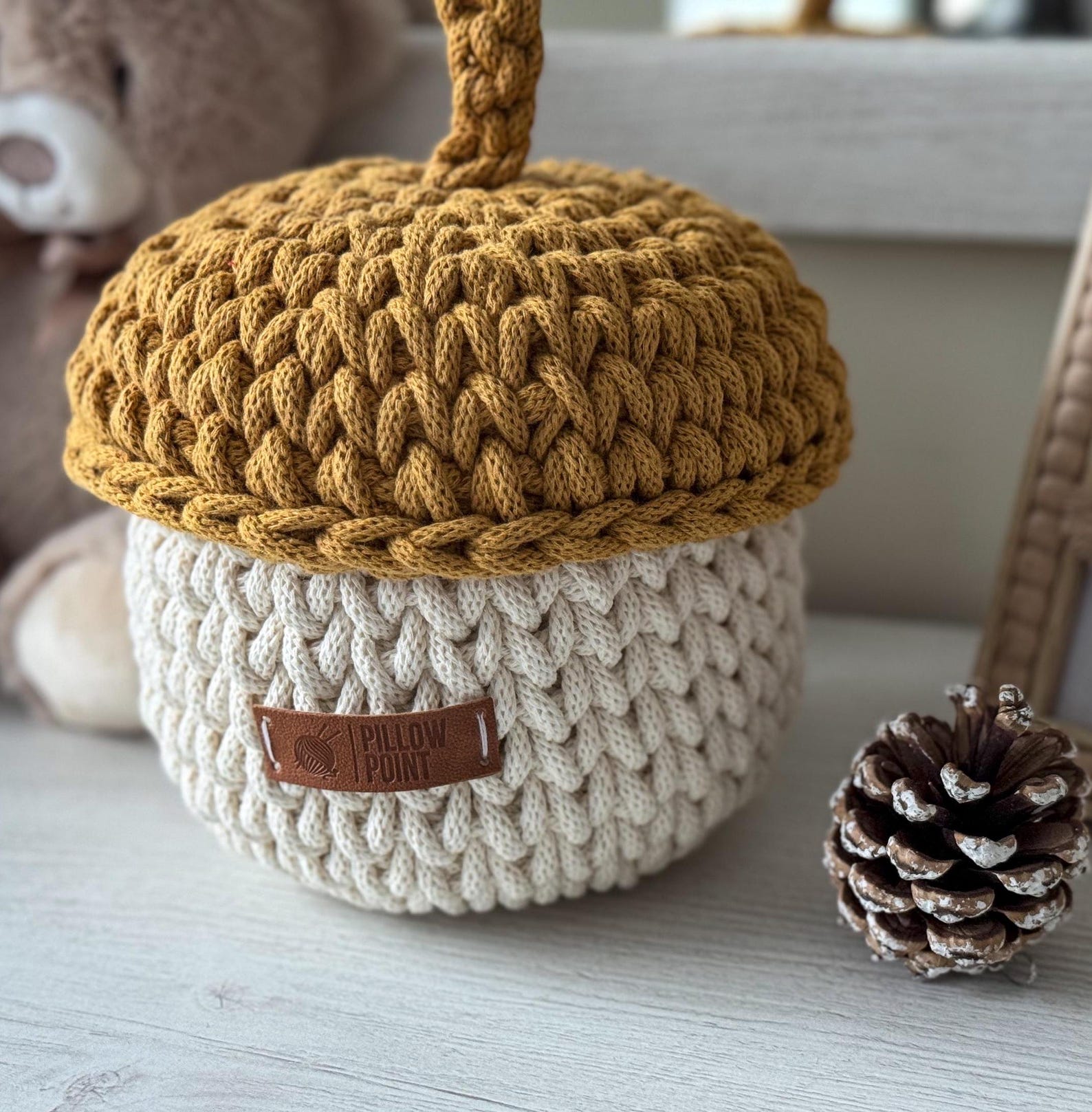 Handmade Crochet Acorn Basket With Lid Cotton Rope Organizer Perfecr ...