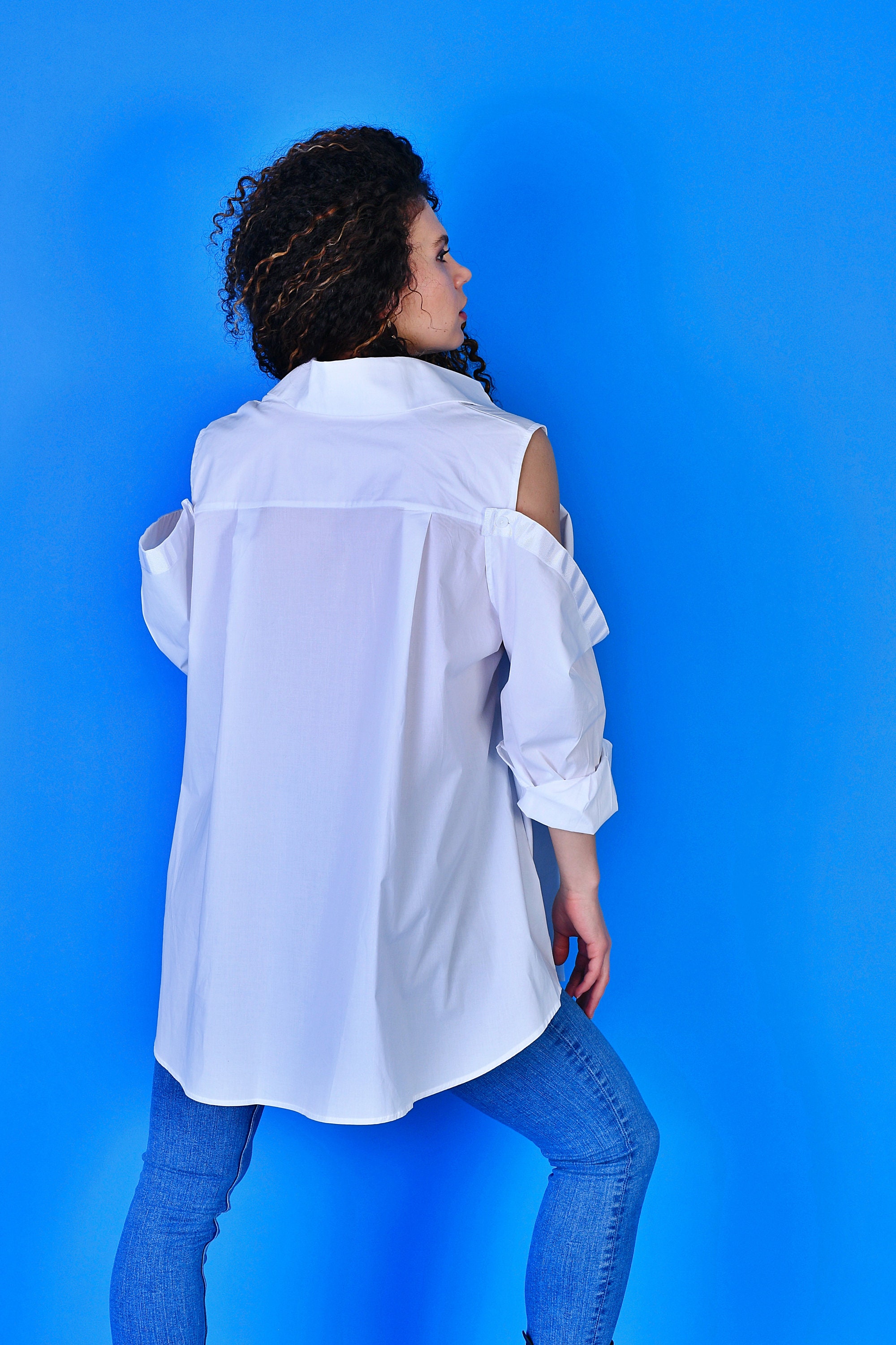 White Cotton Office Shirt/ Shirt With Detachable Sleeves/ | Etsy