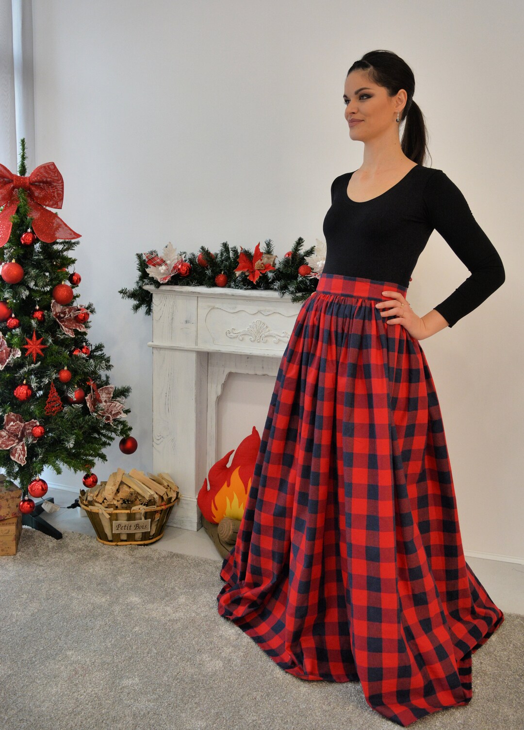 Red Checks Maxi Skirt With POCKETS/ Full Length Skirt/ Tartan Skirt ...
