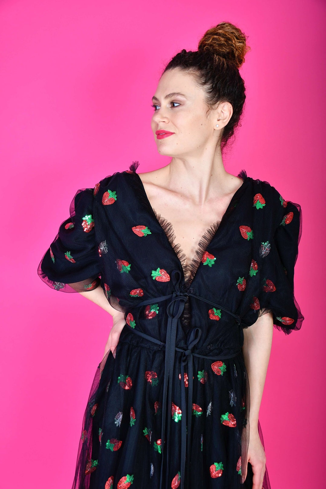 Black Strawberries Dress/ Short Dress/ Italian Tulle Dress/ Embroidered ...