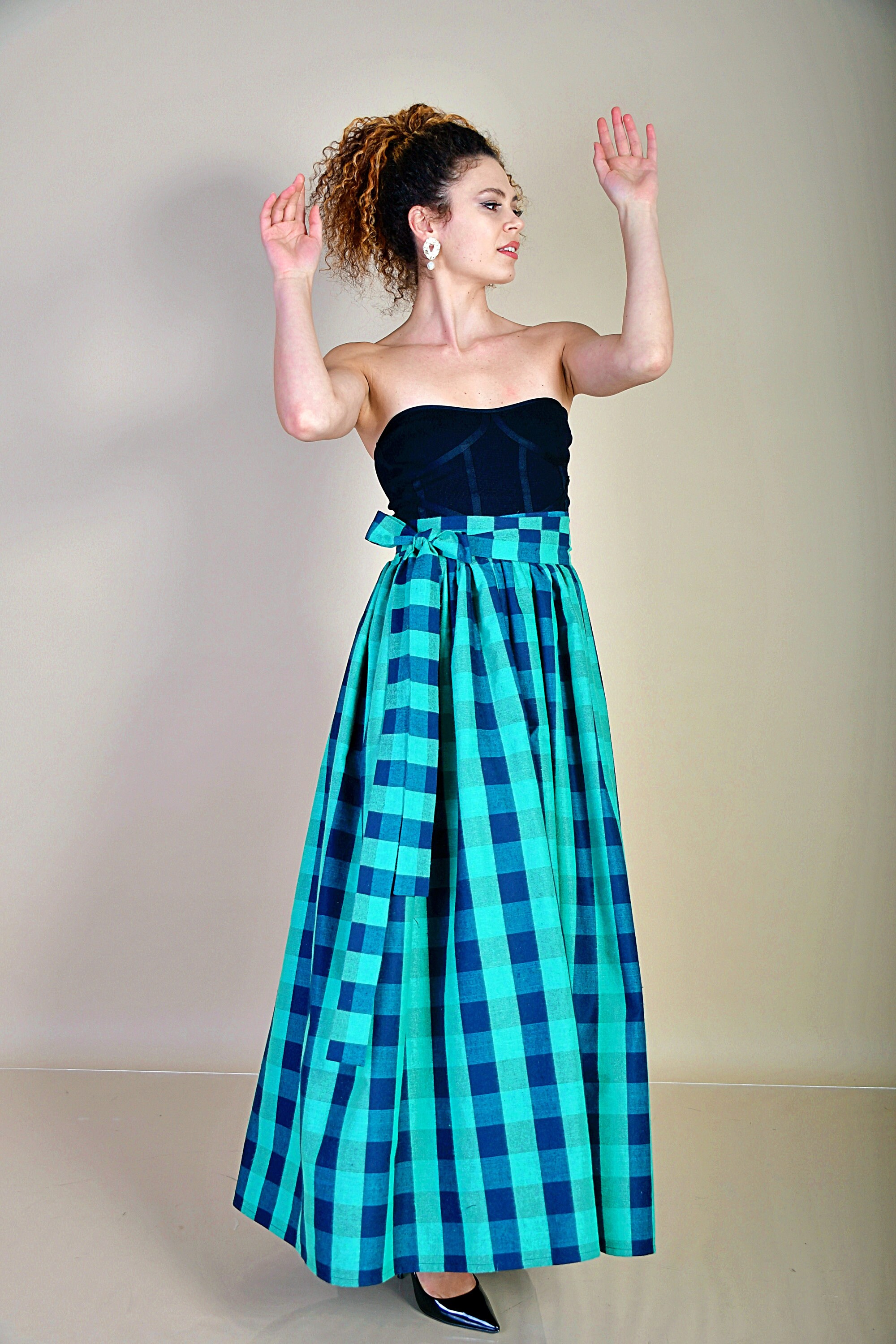 Green Checks Skirt With Pockets/ Checked Skirt/ Cotton Skirt/ | Etsy