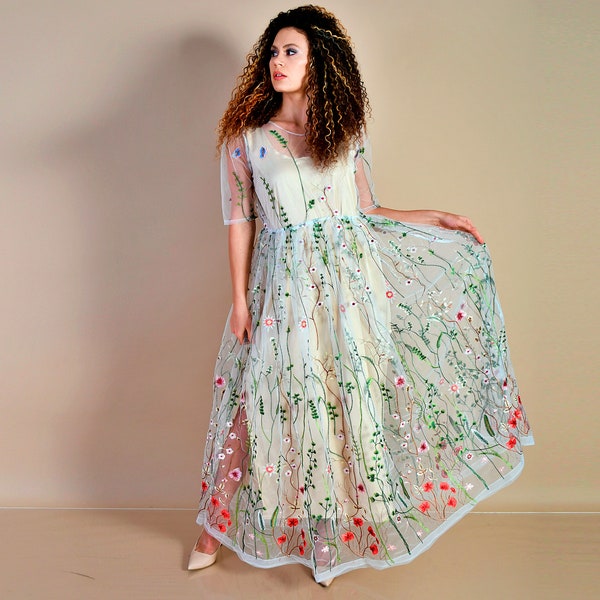 Embroidered Floral Dress - Etsy