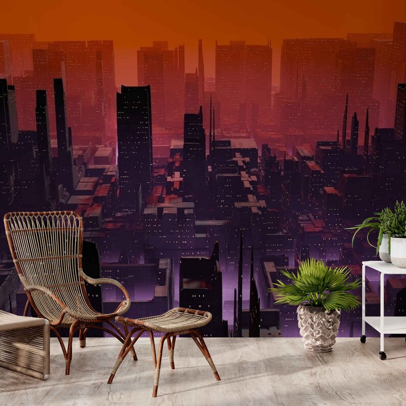 Custom Cyber Decor, Cyberpunk City Wall Paper Mural, Dark Orange ...