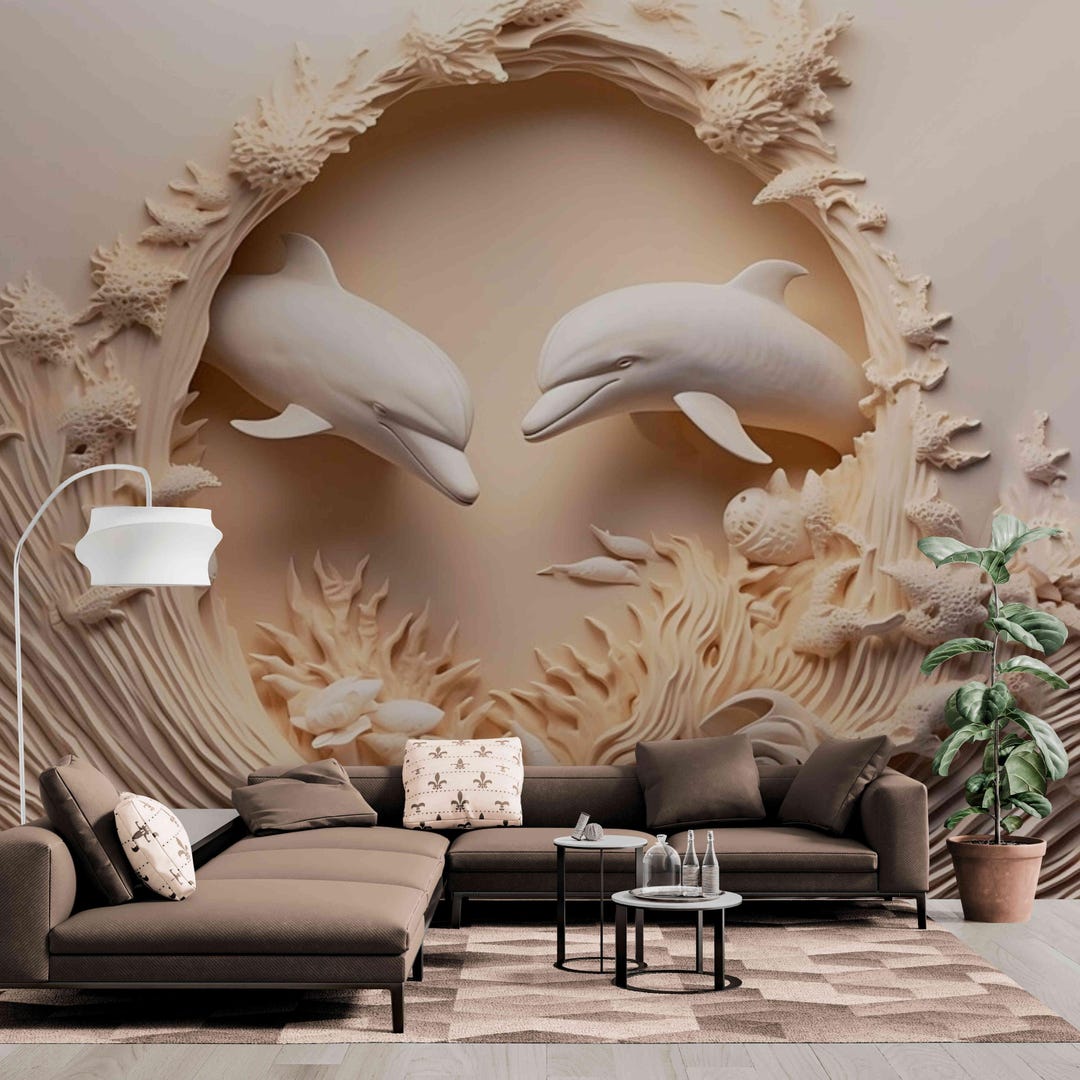 Dolphin 3D Relief Wall Mural – Ocean Peel and Stick Wallpaper - Etsy ...