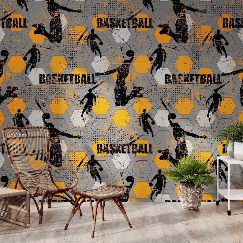 Basketball Theme Wallpaper: Sports Wall Mural, Peel and Stick - Etsy