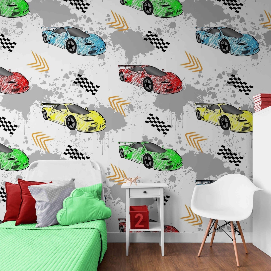 Kids Car Wallpaper - Racing Theme Wall Decor for Boys Room, Peel and ...