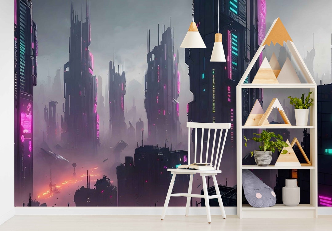 Cyberpunk City Mural: Neon Futuristic Self-adhesive Wallpaper - Etsy