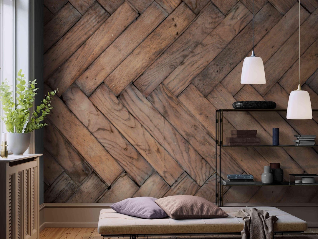 Rustic Herringbone Wood Wallpaper: Peel and Stick Timber Wall Mural ...