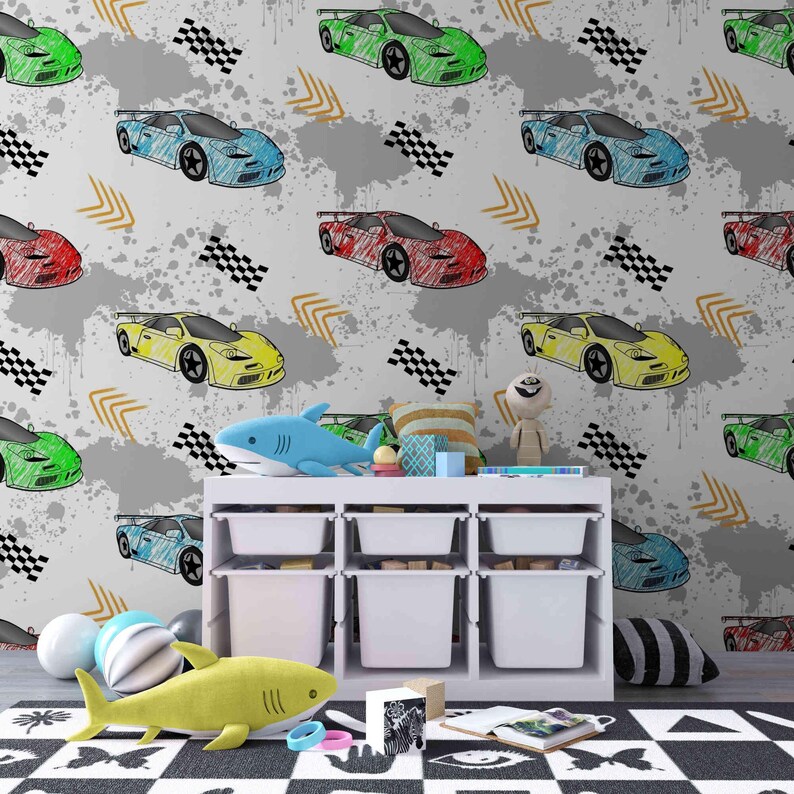 Racing Car Wallpaper: Colorful Sports Car Wall Mural (Peel and Stick or ...