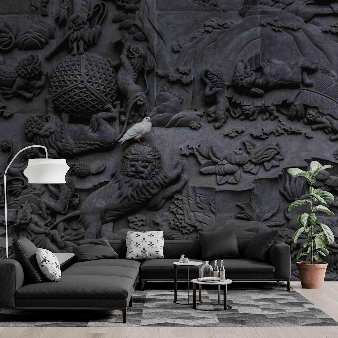 Black Lion Embossed Wall Mural – Gothic 3D Stone Texture Wallpaper - Etsy