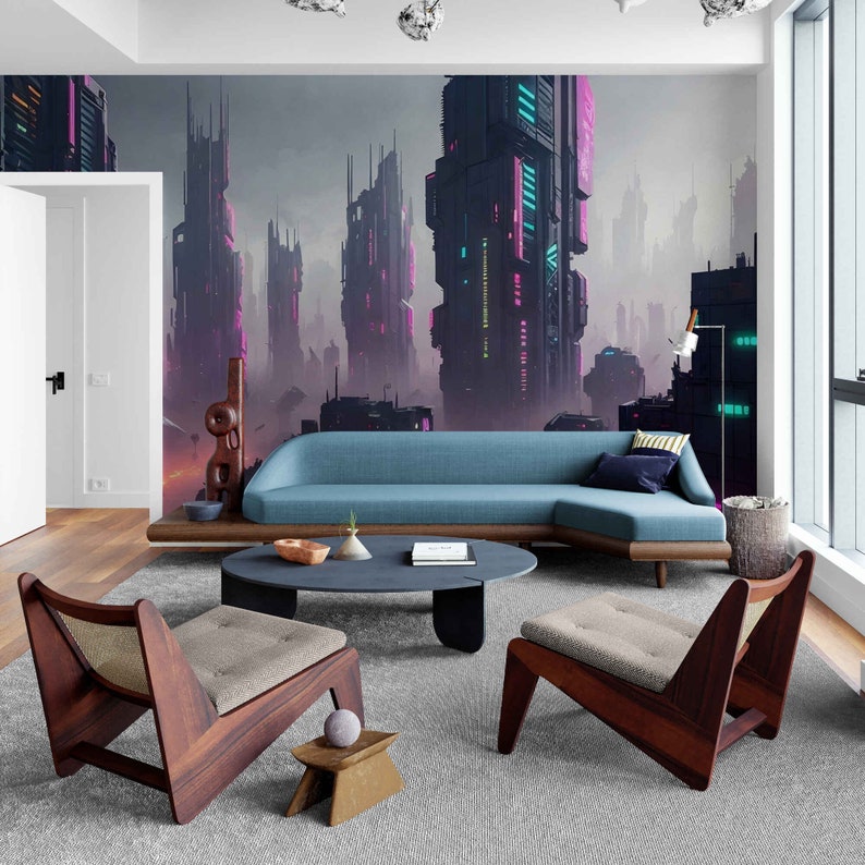 Cyberpunk City Mural: Neon Futuristic Self-Adhesive Wallpaper - Etsy España