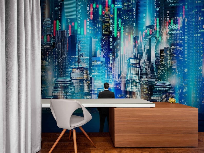 Executive Office Wallpaper Mural: Financial Data Cityscape Decor - Etsy ...
