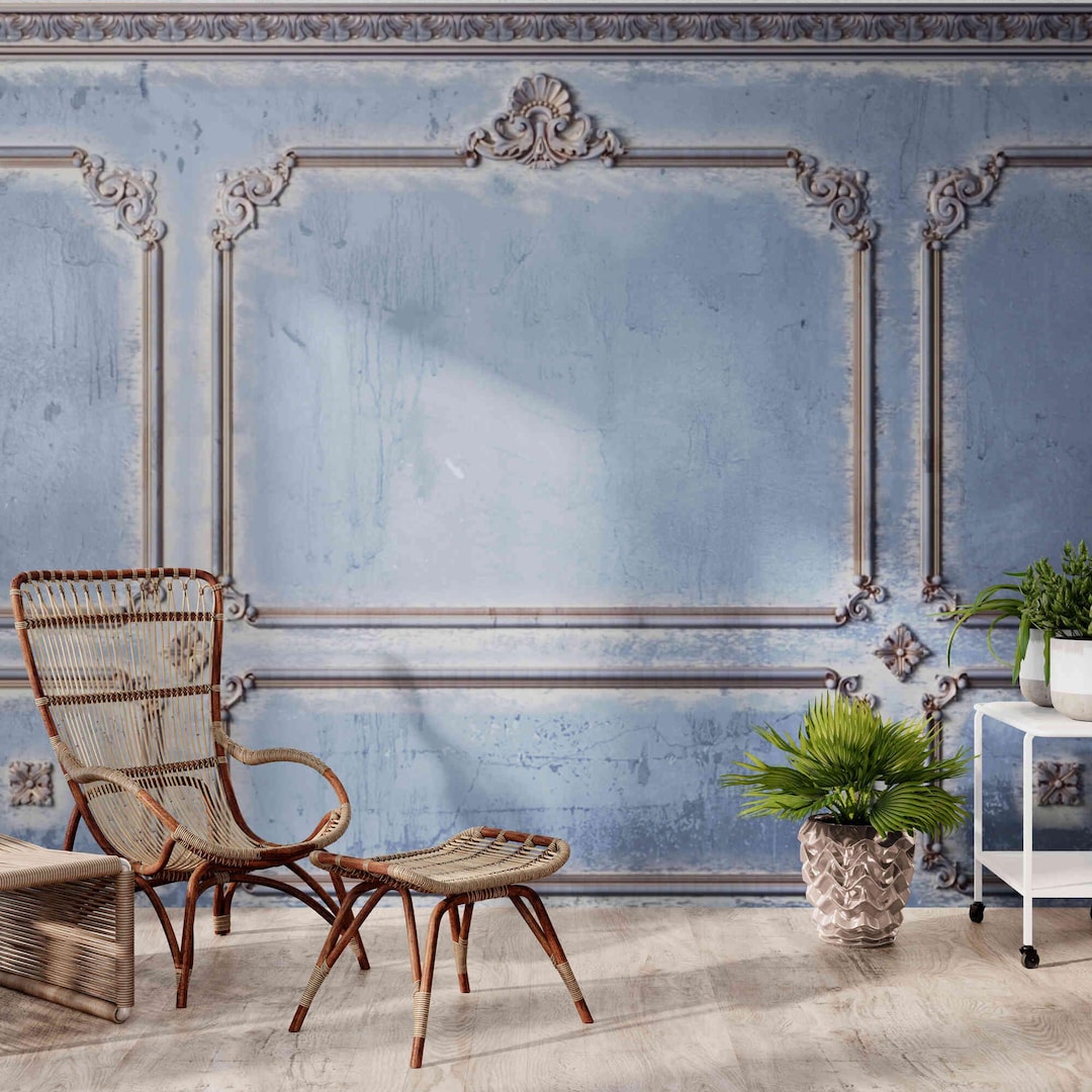 Luxury 3D Vintage Blue Panel Wall Mural | Elegant Classic Wall Design ...