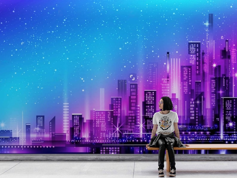 Cyber Mural Wallpaper Neon City Art Cyberpunk Wallpaper Futuristic Wall ...