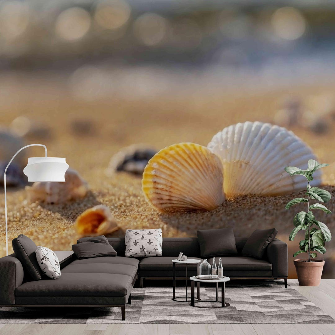 Seashells on the Beach Peel and Stick Wall Mural – Coastal Ocean Scene ...