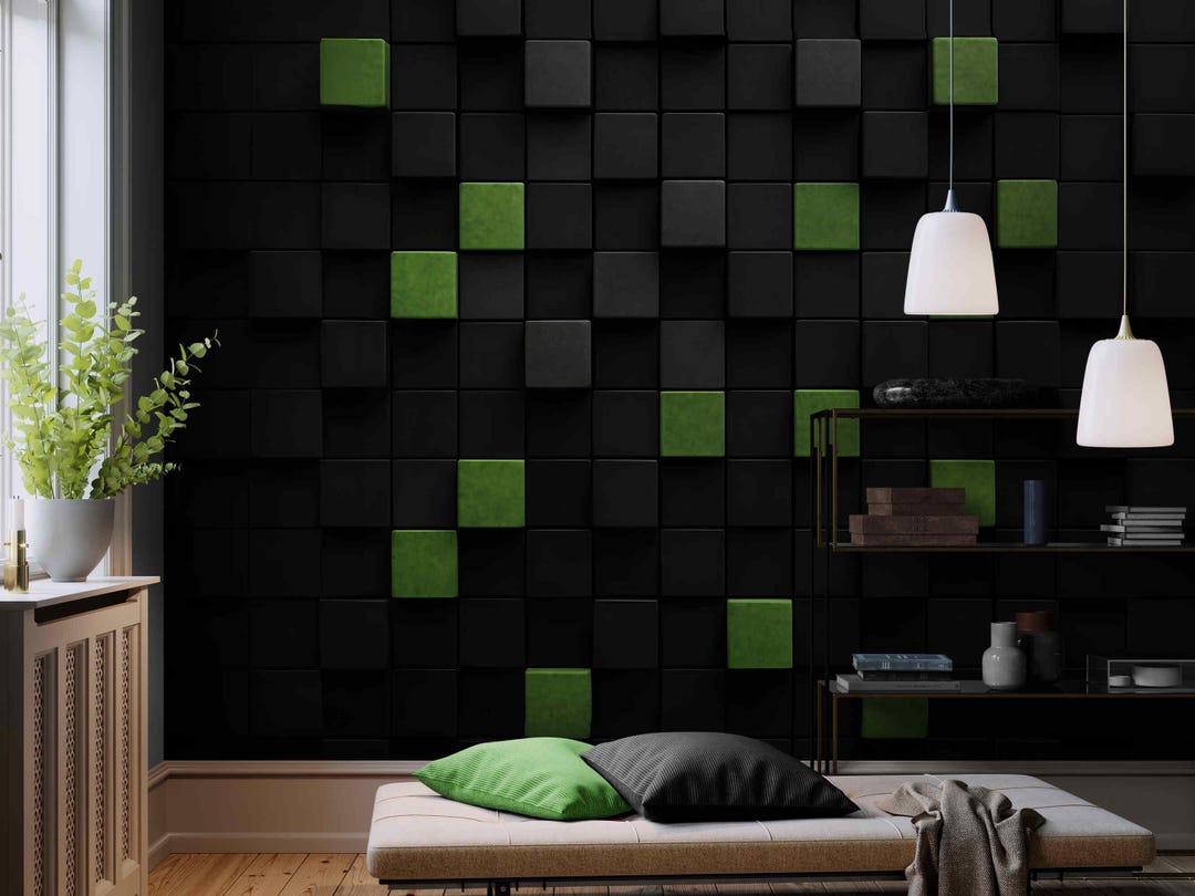 Minecraft 3D Pixel Wall Mural – Black and Green Cube Pattern Gaming ...