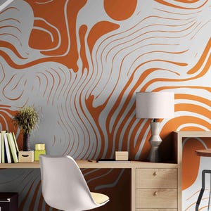 Orange Abstract Line Art Wall Mural - Minimalist Peel and Stick ...