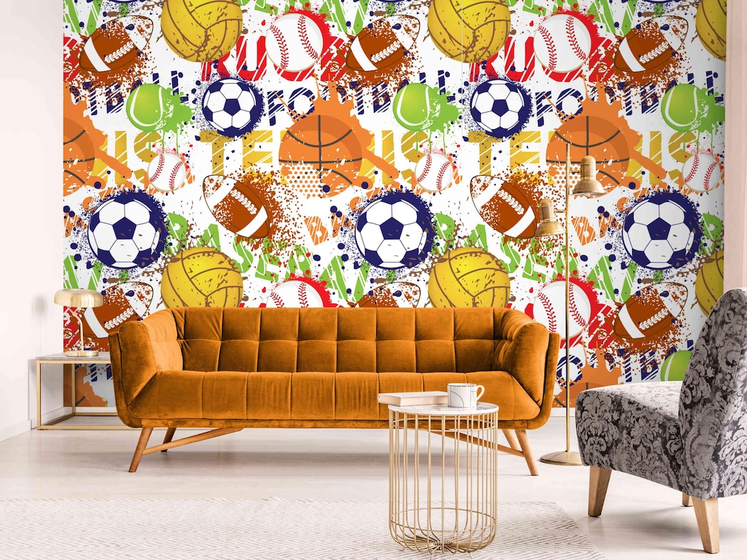 Sporty Balls Wallpaper Mural: Peel and Stick Sports Wall Decor - Etsy UK
