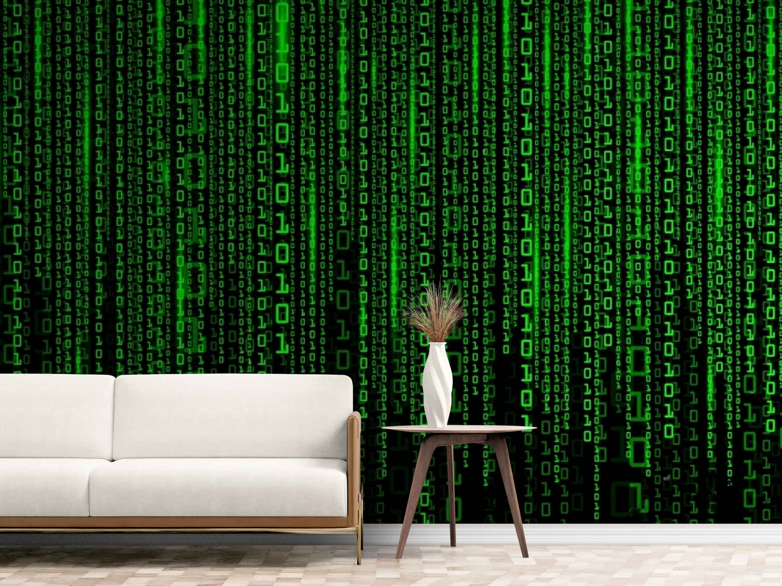 Modern Green Matrix Mural Wall Art: Futuristic Code Design on Black ...