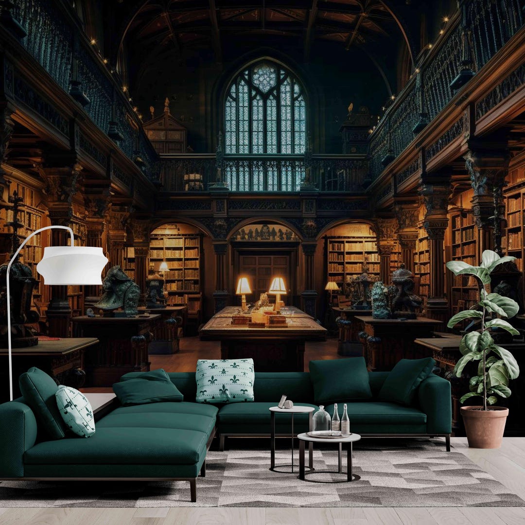 Vintage Library Wallpaper Mural - Gothic Book Room Decor for Study ...