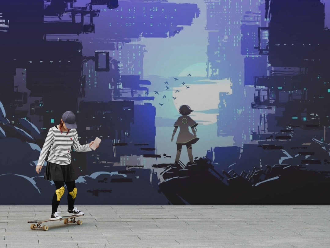 Wallpaper Mural, Cyberpunk Wallpaper, Young Girl Standing, Looking on ...