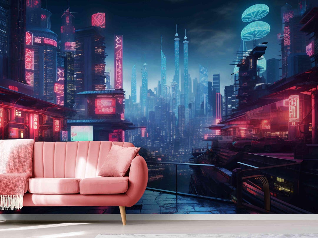 Cyberpunk Cityscape Wall Mural: Neon Skyline Peel and Stick Wallpaper ...