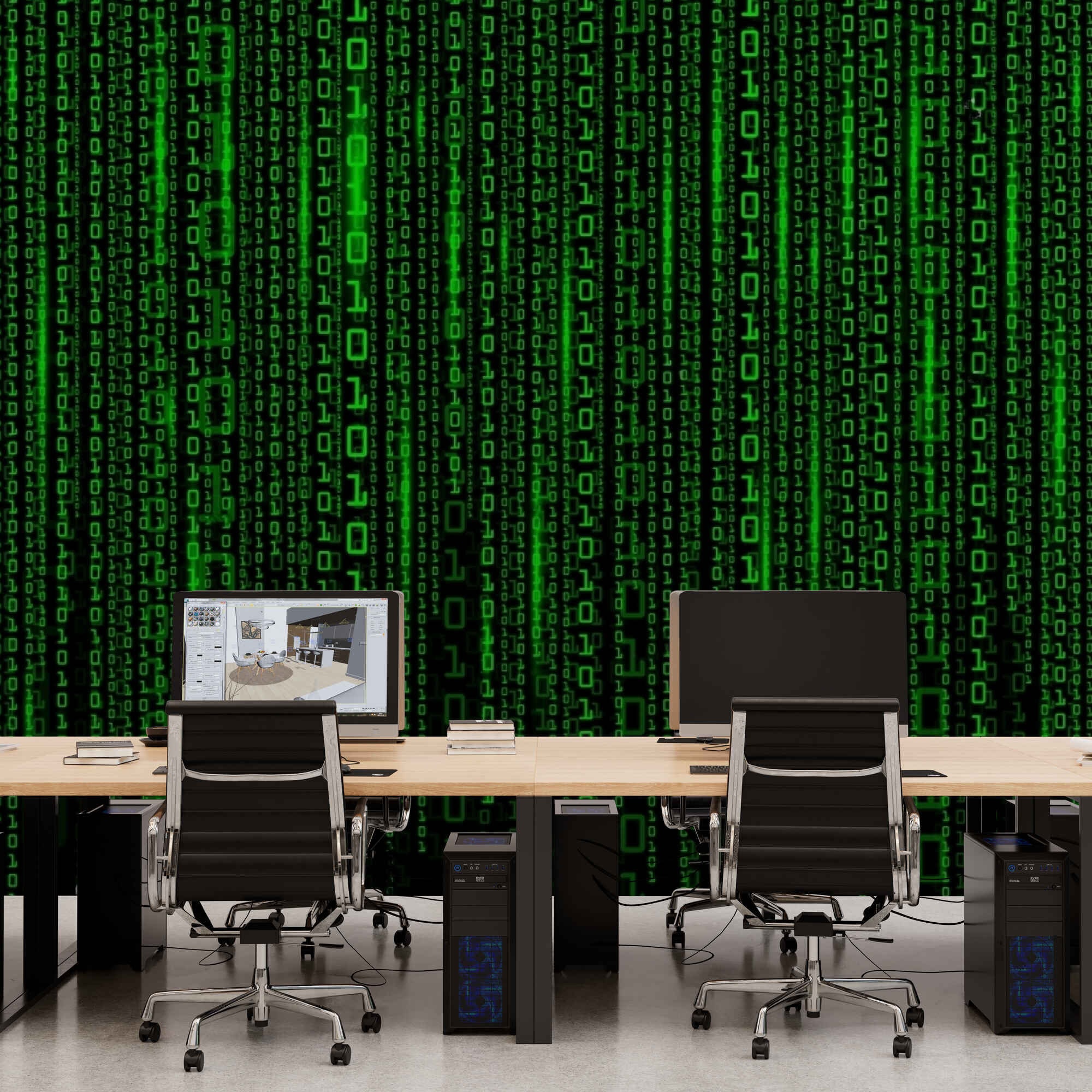 Modern Green Matrix Mural Wall Art: Futuristic Code Design on Black ...