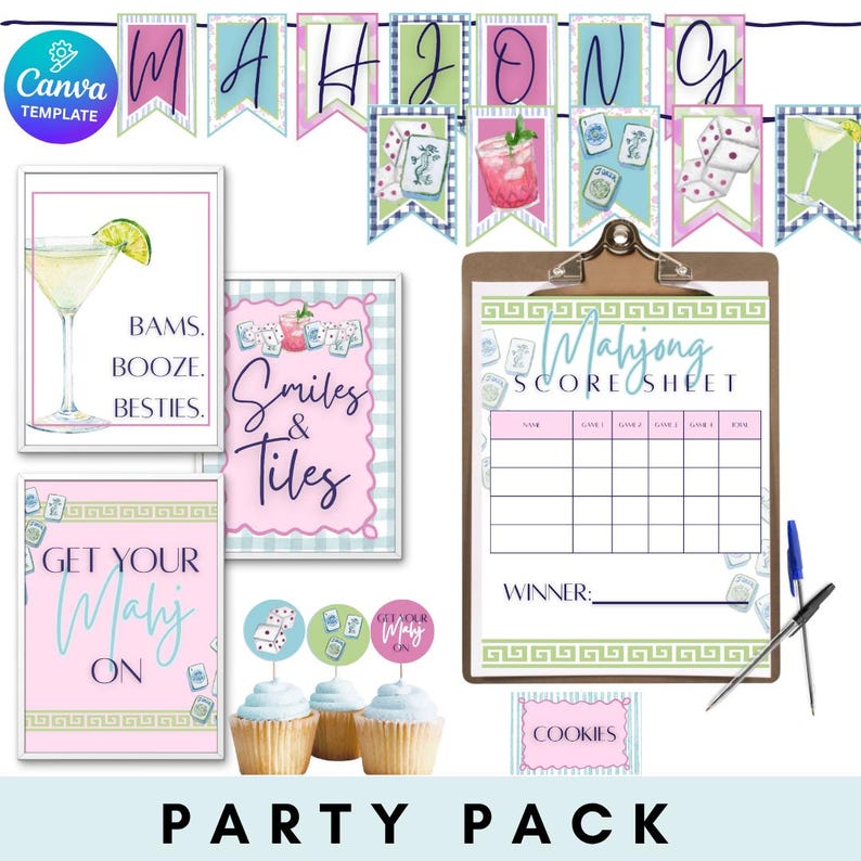 Mahjong Party Decor Pack | Printable Score Sheets, Banners (canva ...