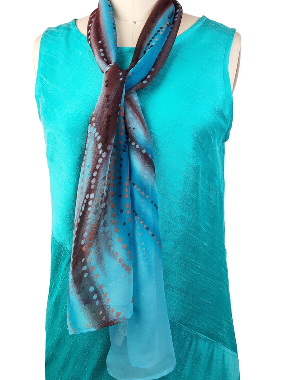Silk Chiffon Scarf Sheer Printed Silk Fabric Multi colored Print Aqua brown Lightweight Fashion Accessory Abstract Print Gift for Her Etsy UK