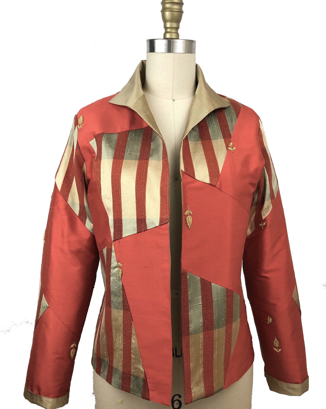 Silk Evening Jacket, Silk Patchwork, Coral/tan Silk Embellished, Silk ...