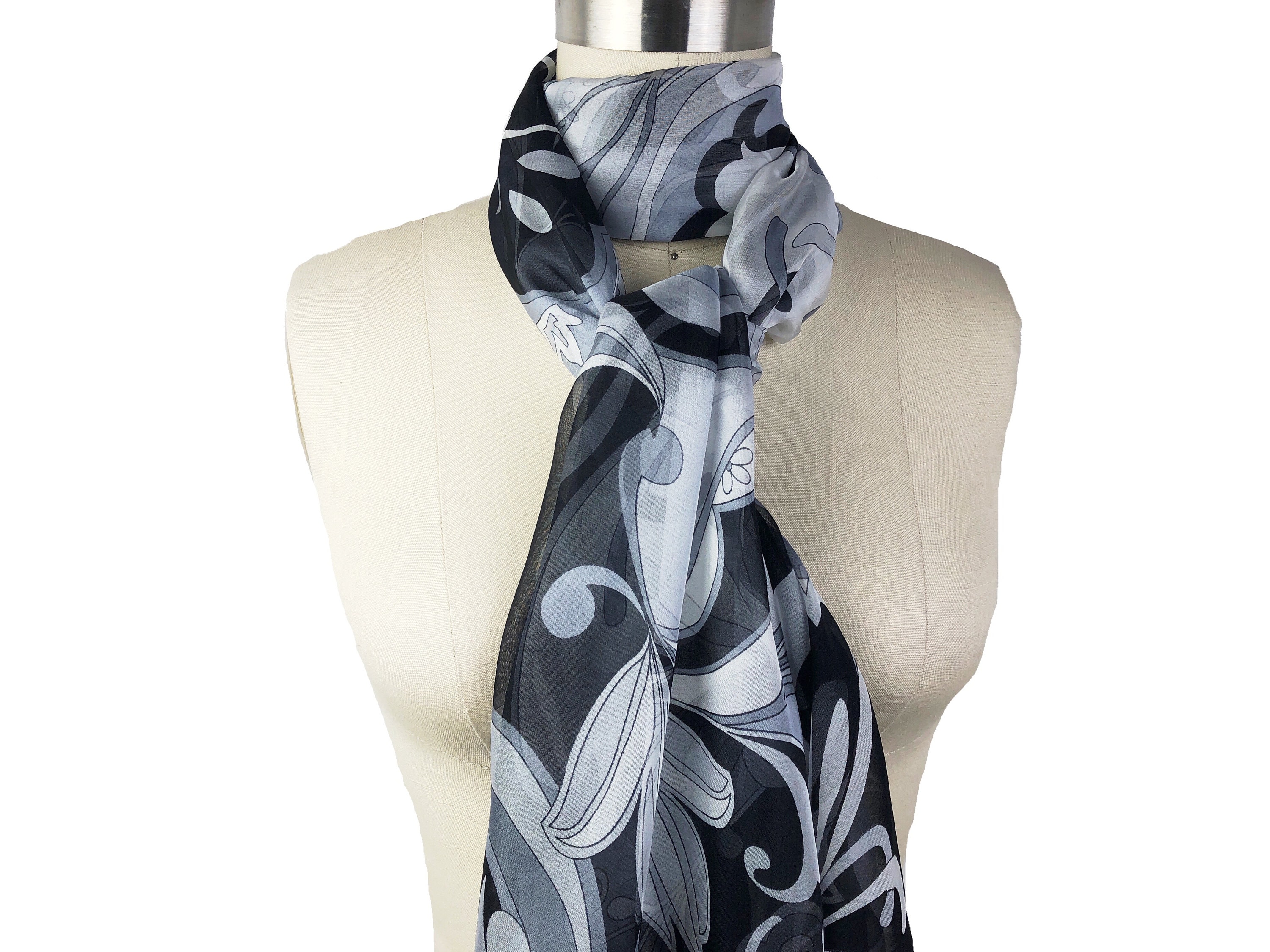 Silk Chiffon Large Scarf 74 X 26 Black/grey | Etsy