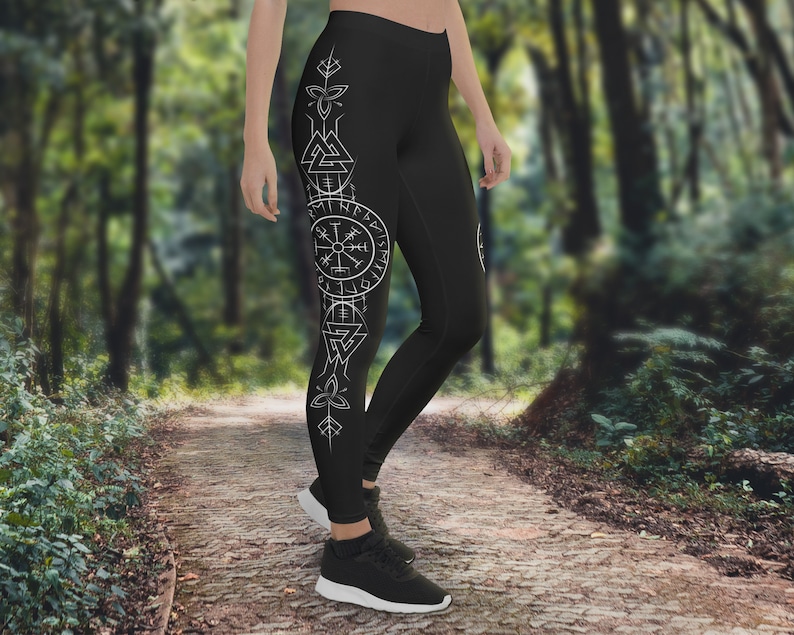 White Runic Vegvisir on Black Leggings: Norse Viking Compass, Fitness ...