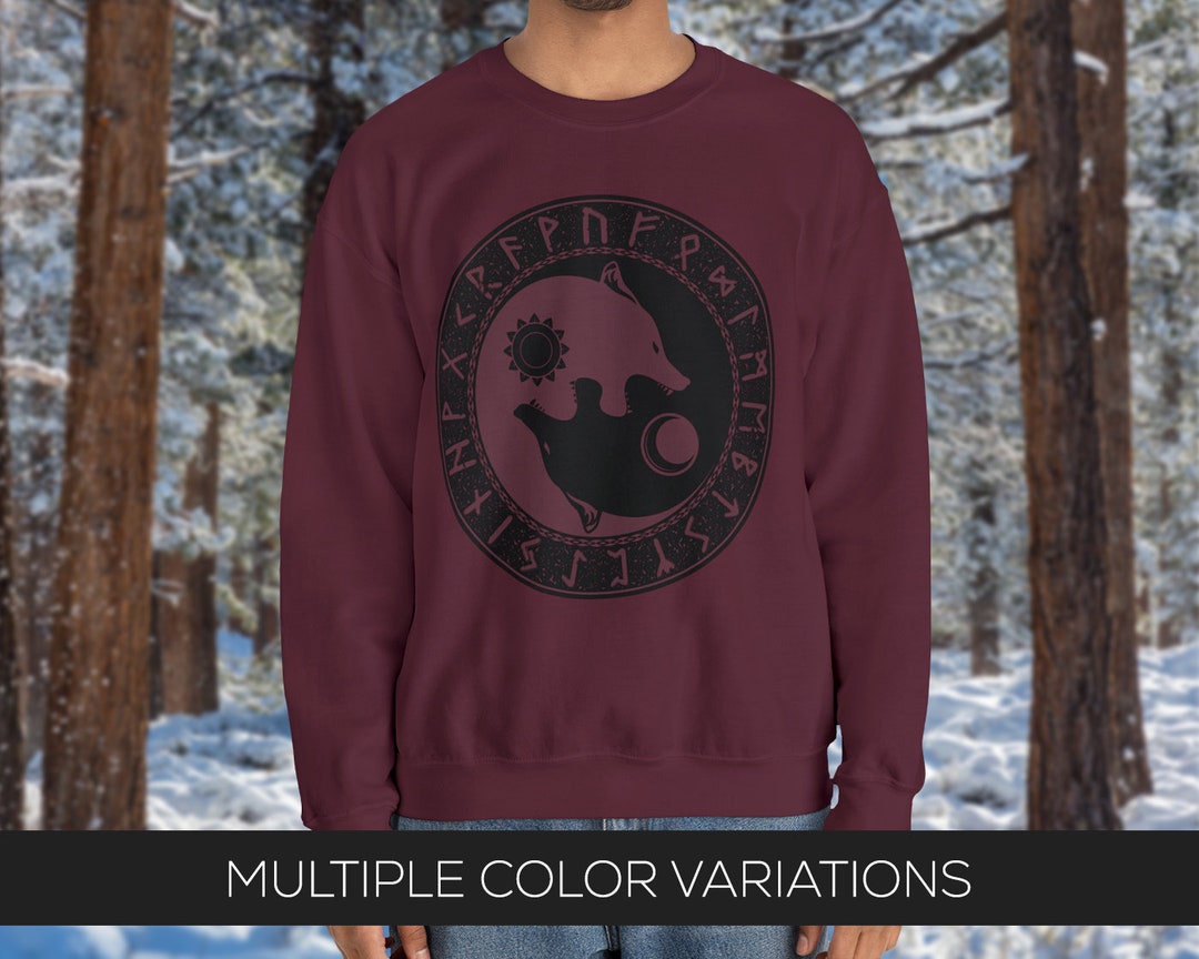 Maroon Runic Wolves Yin-yang Crewneck Sweatshirt Norse Pagan - Etsy
