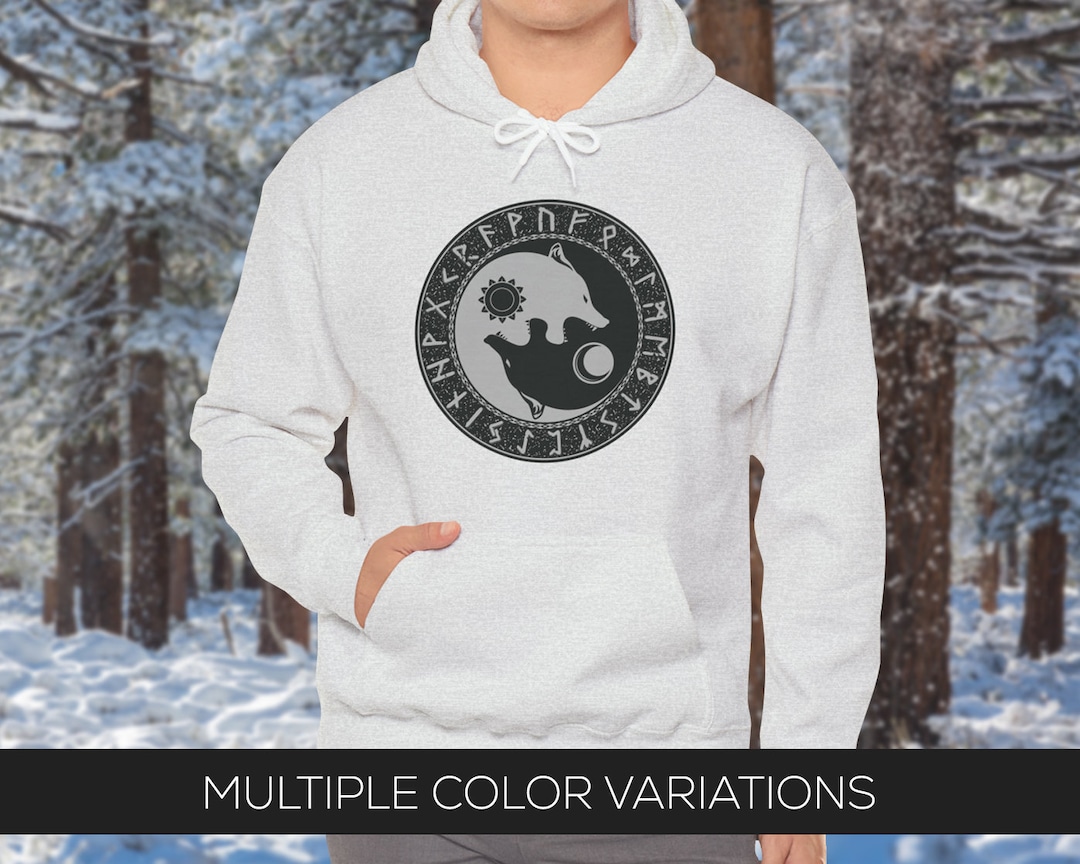 Gray Runic Wolves Yin-yang Pullover Hoodie, Norse Pagan, Fenrir Wolf ...