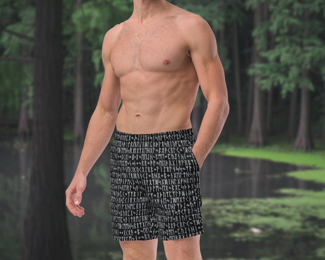 Gray & Black Viking Runes Men's Swim Trunks, Norse Pagan Swimwear ...