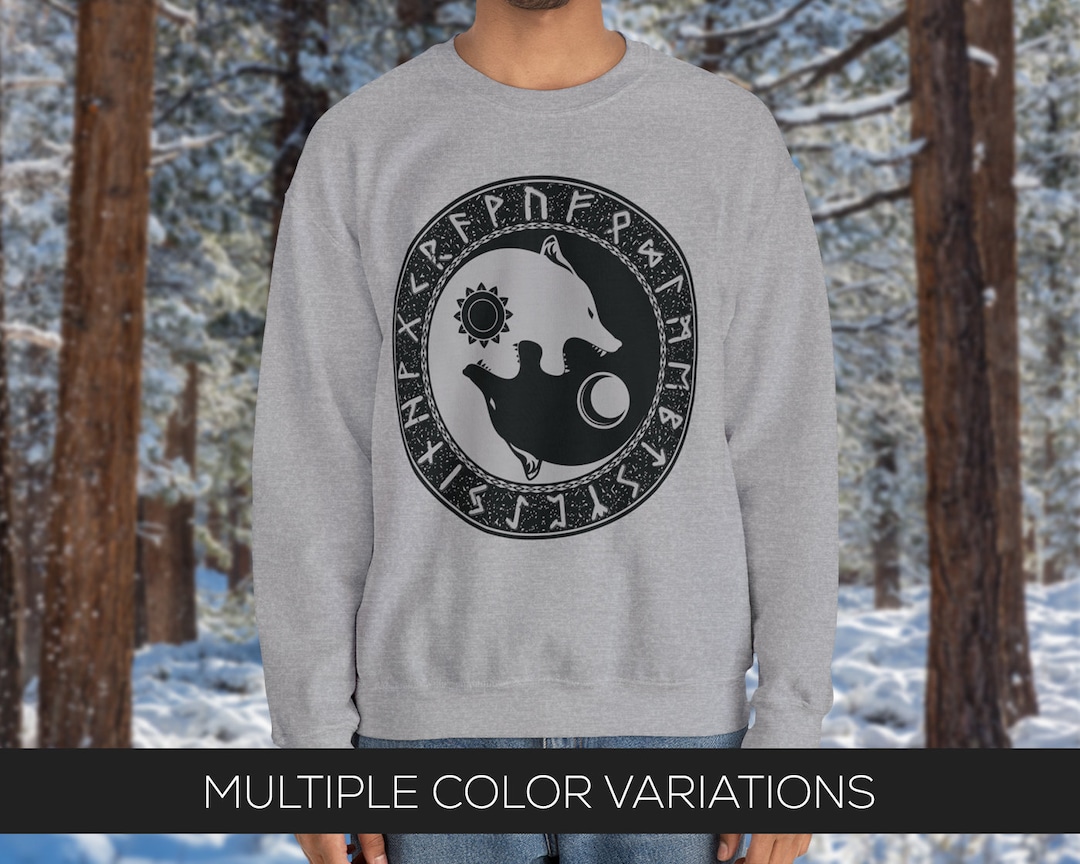 Gray Runic Wolves Yin-yang Crewneck Sweatshirt Norse Pagan - Etsy