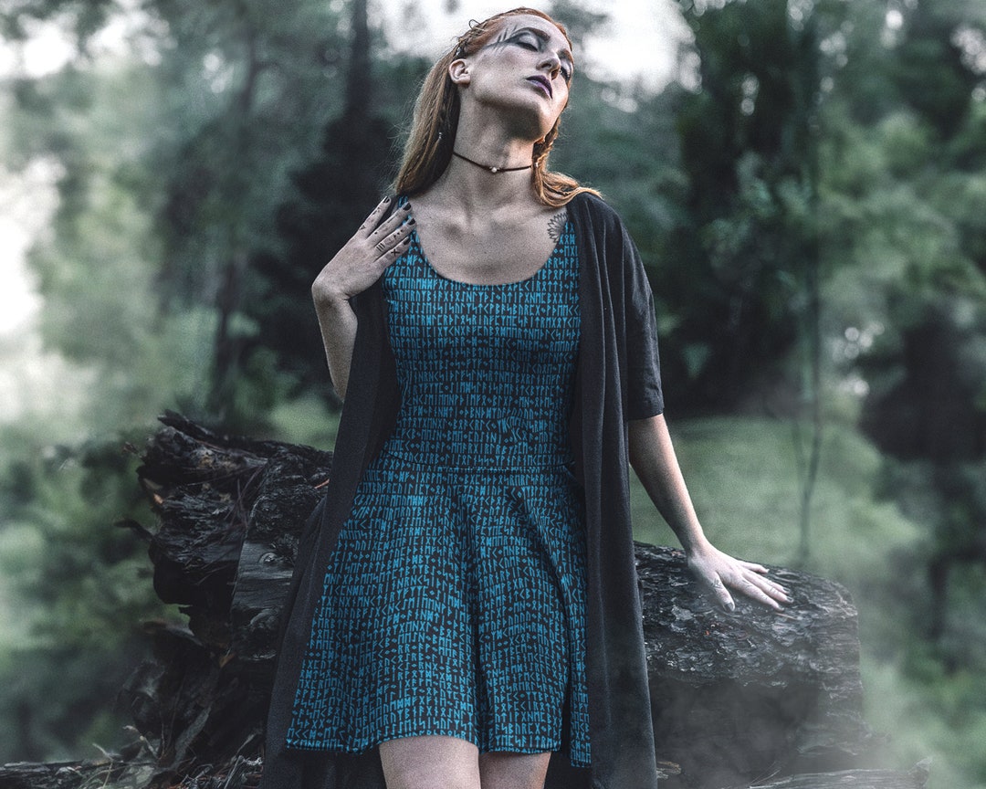 Black and Aqua Elder Futhark Runes Skater Dress, Norse Pagan Flowy ...