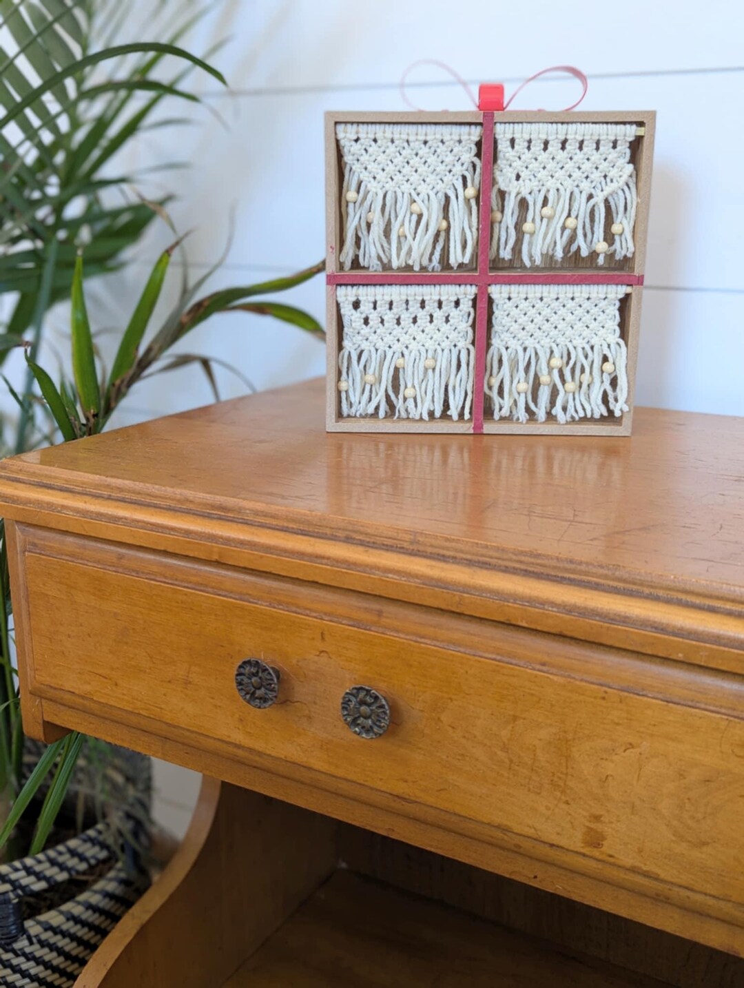 Wood Square Frame Divided Into Four Sections Including Macrame in Each ...