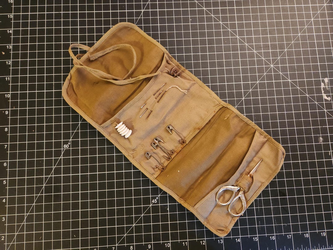 Antique Army/military Canvas Roll-up Sewing Kit, W/ Scissors, Buttons ...